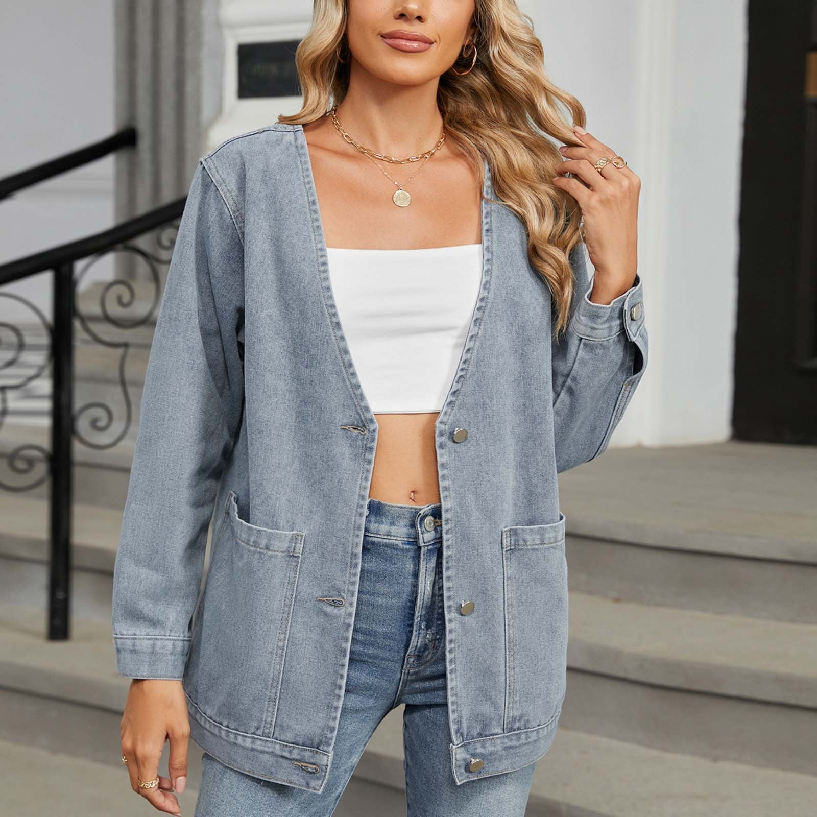 WXLWZYWL Women's Oversized Denim Jackets Plus Size Button Down Shirt ...