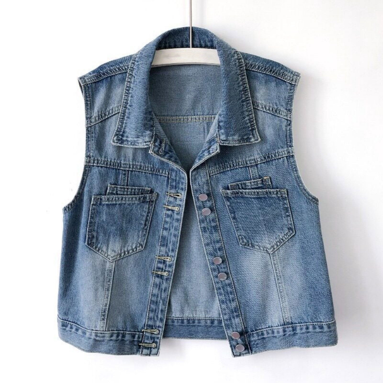 WXLWZYWL Women's Vintage Denim Vest Jacket Stylish and Versatile Lapel ...
