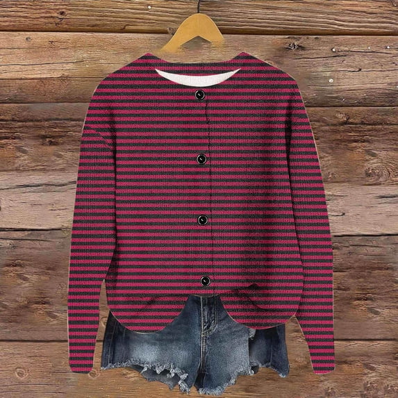 WXLWZYWL Women's Winter Knit Cardigan Outwear Striped Long Sleeve Crew ...