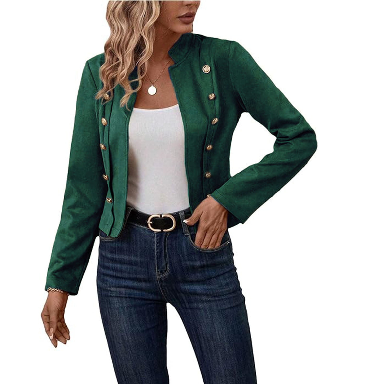 WXLWZYWL Womens Cropped Blazer Jacket Buttons Decor Stand Collar Open ...