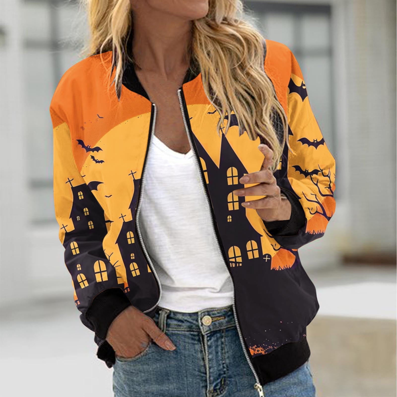 WXLWZYWL Womens Halloween Bomber Jacket Funny Spooky Ladies Coat Ghost ...