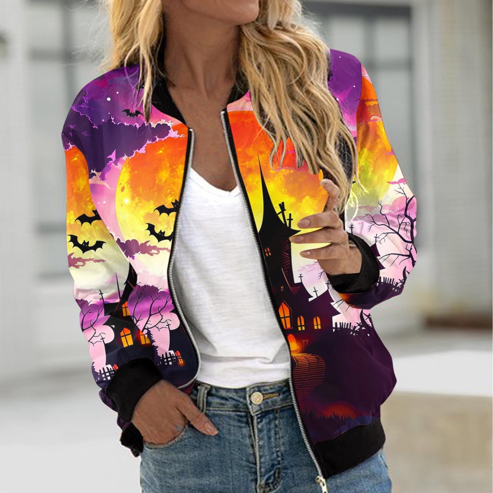 WXLWZYWL Womens Halloween Bomber Jacket Funny Spooky Ladies Coat Ghost ...