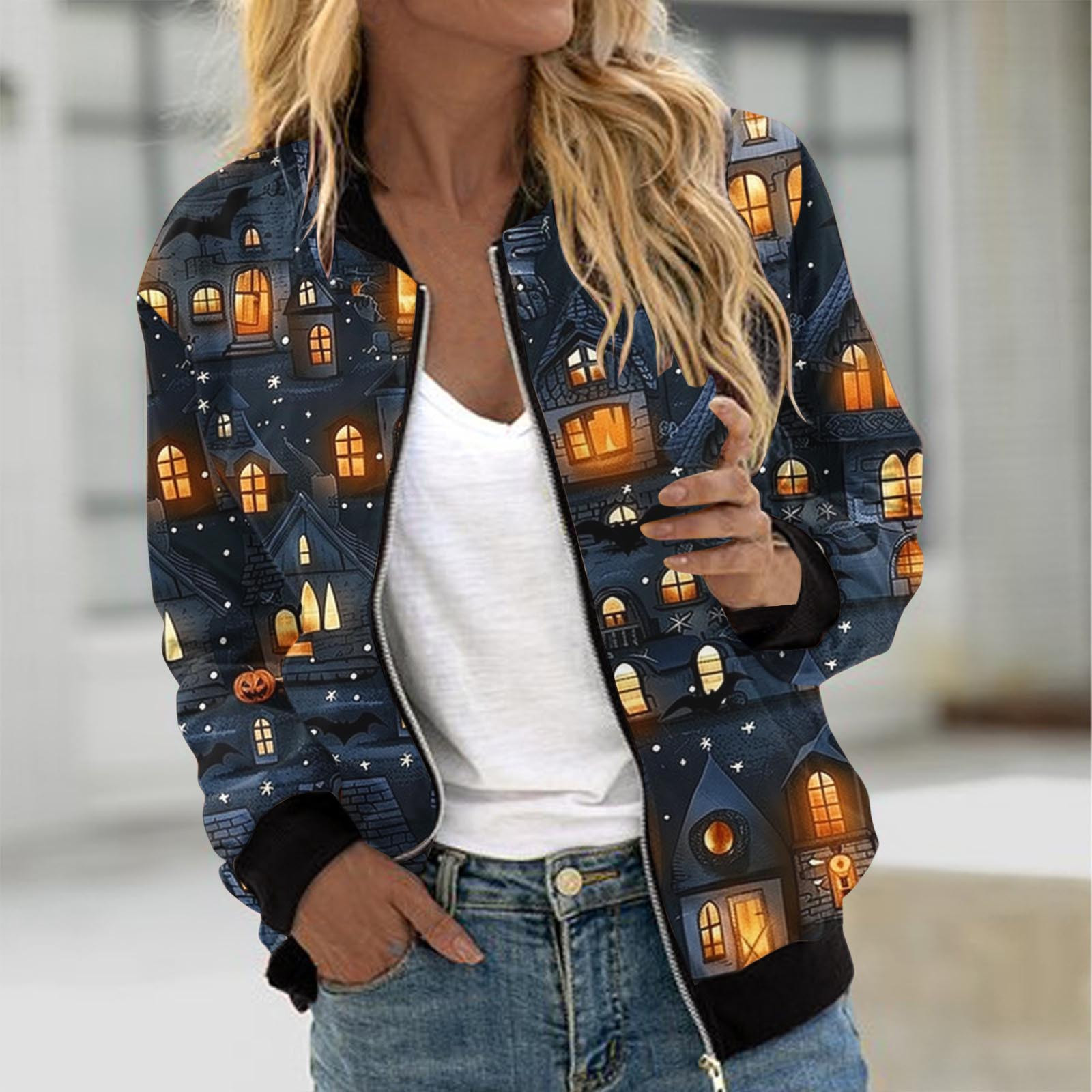 WXLWZYWL Womens Halloween Bomber Jacket Funny Spooky Ladies Coat Ghost ...