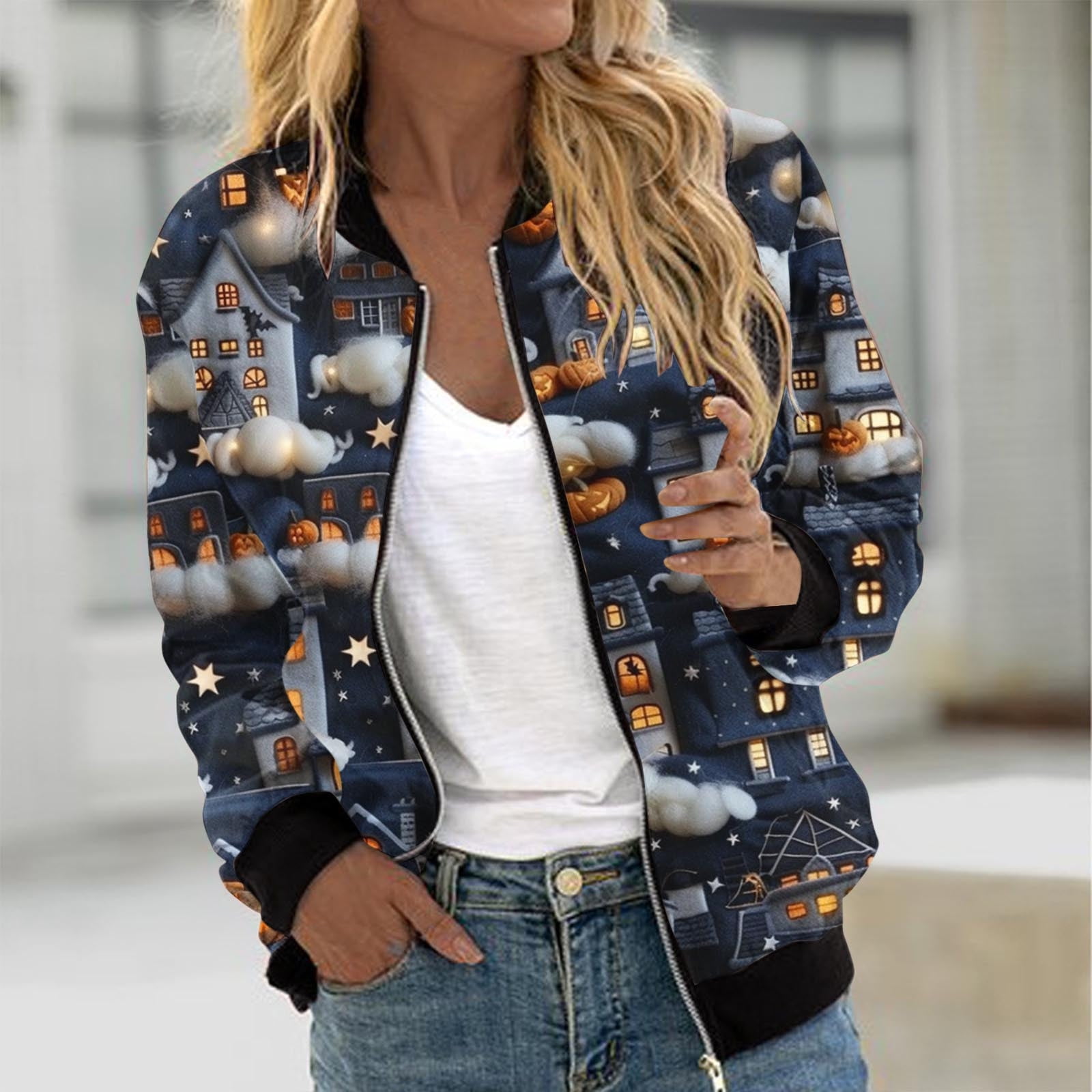 WXLWZYWL Womens Halloween Bomber Jacket Funny Spooky Ladies Coat Ghost ...