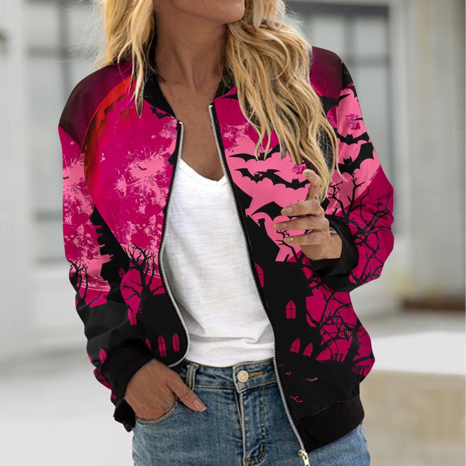 WXLWZYWL Womens Halloween Bomber Jacket Funny Spooky Ladies Coat Ghost ...