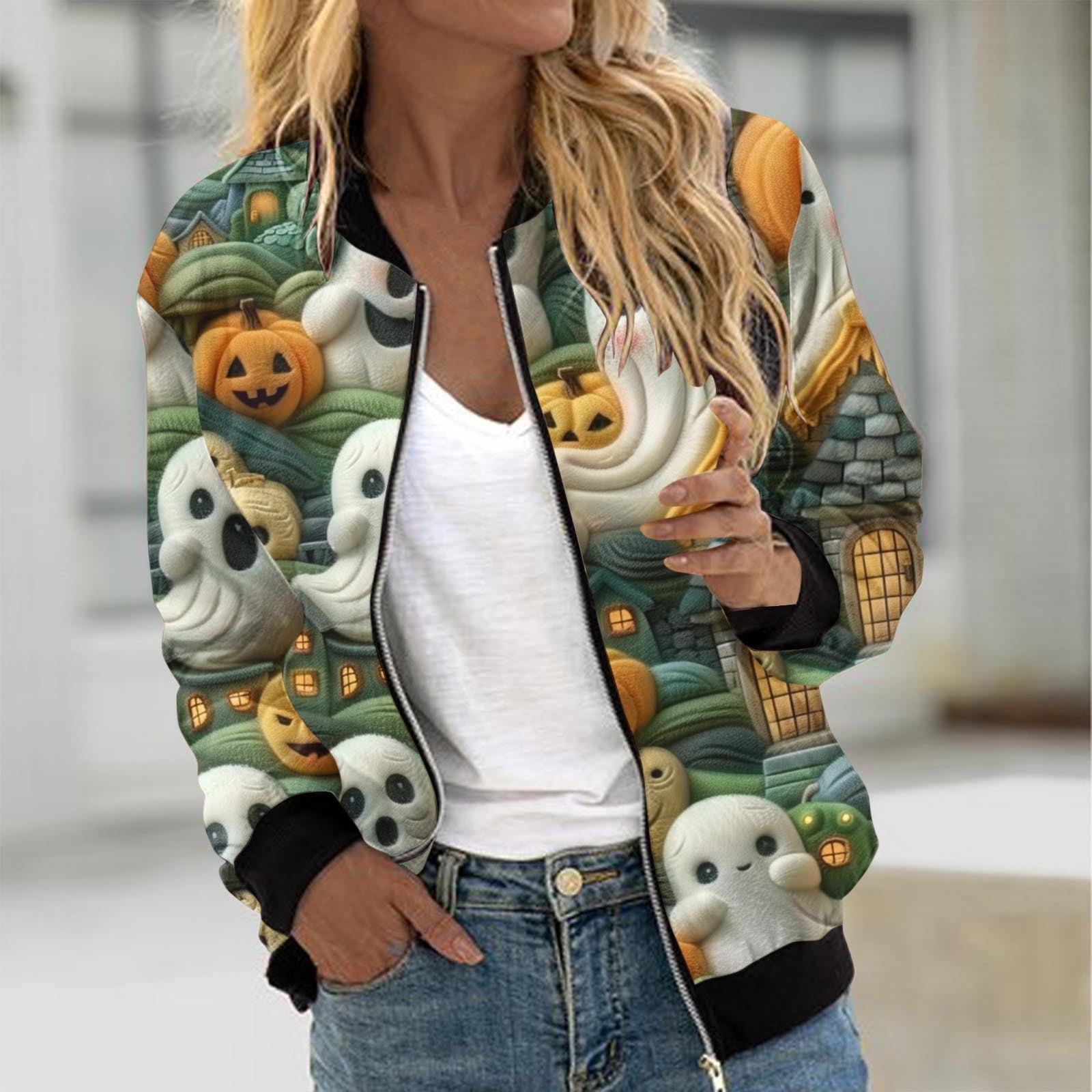 WXLWZYWL Womens Halloween Bomber Jacket Funny Spooky Ladies Coat Ghost ...