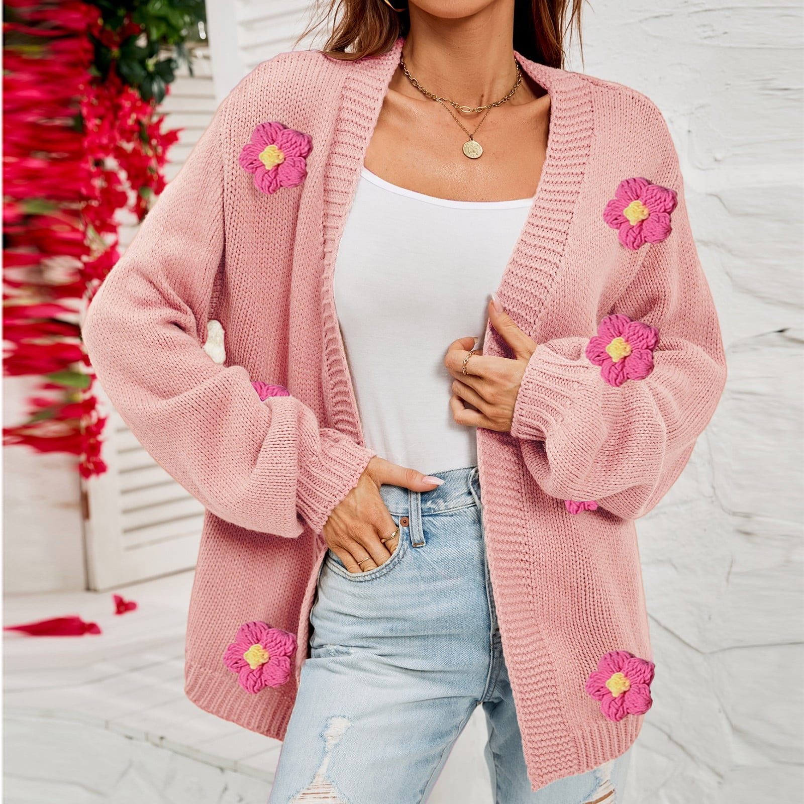 WXLWZYWL Womens Open Front Cardigan Sweaters Floral Cropped Cardigan ...