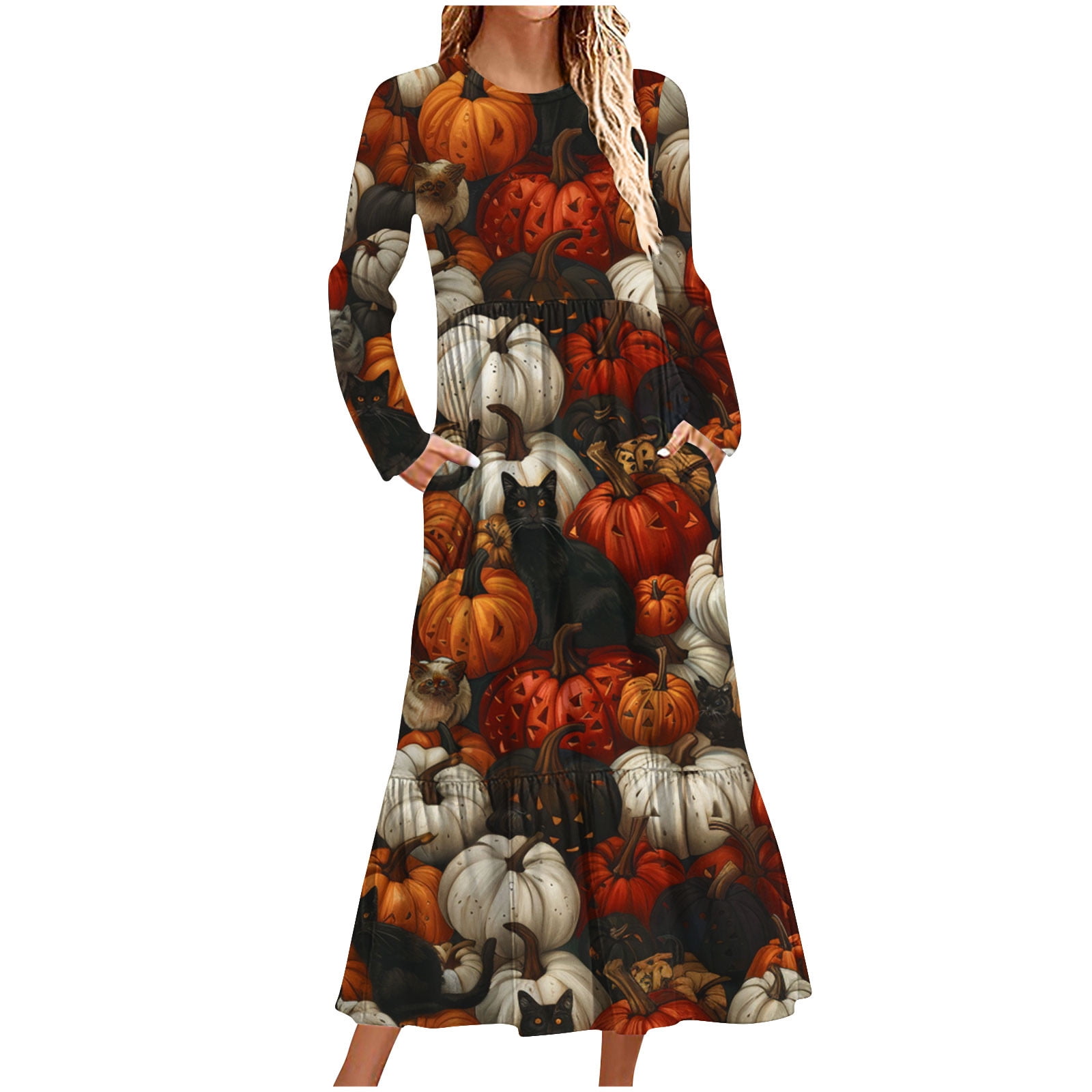 WXLWZYWL Womens Plus Halloween Dress Pumpkin Printed Costume Dresses ...
