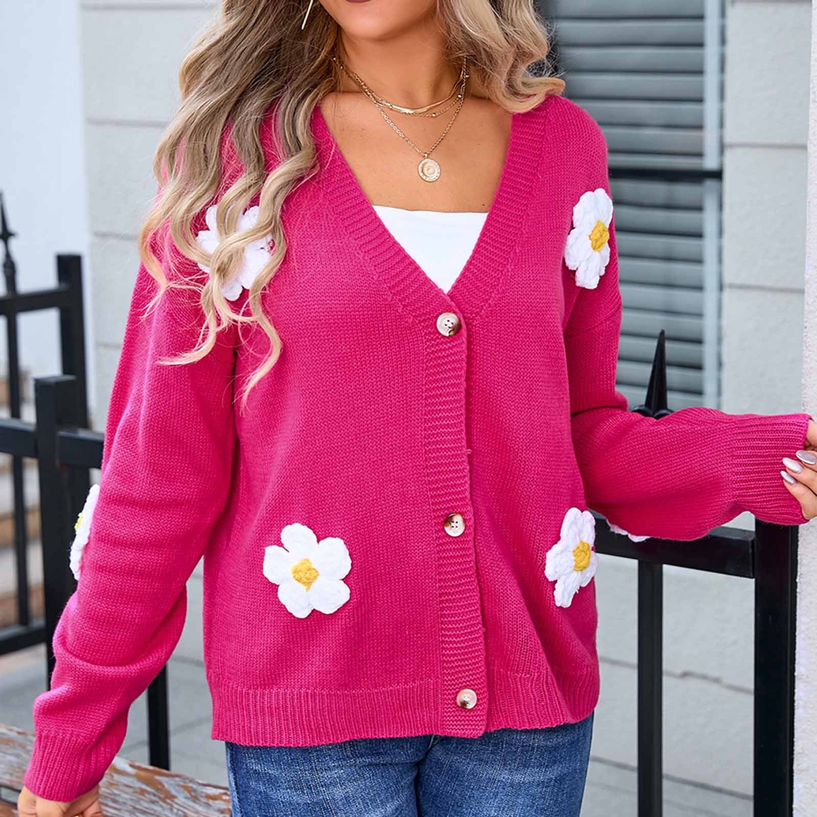 WXLWZYWL Womens V Neck Button Down Cardigan Sweaters Floral Cropped ...