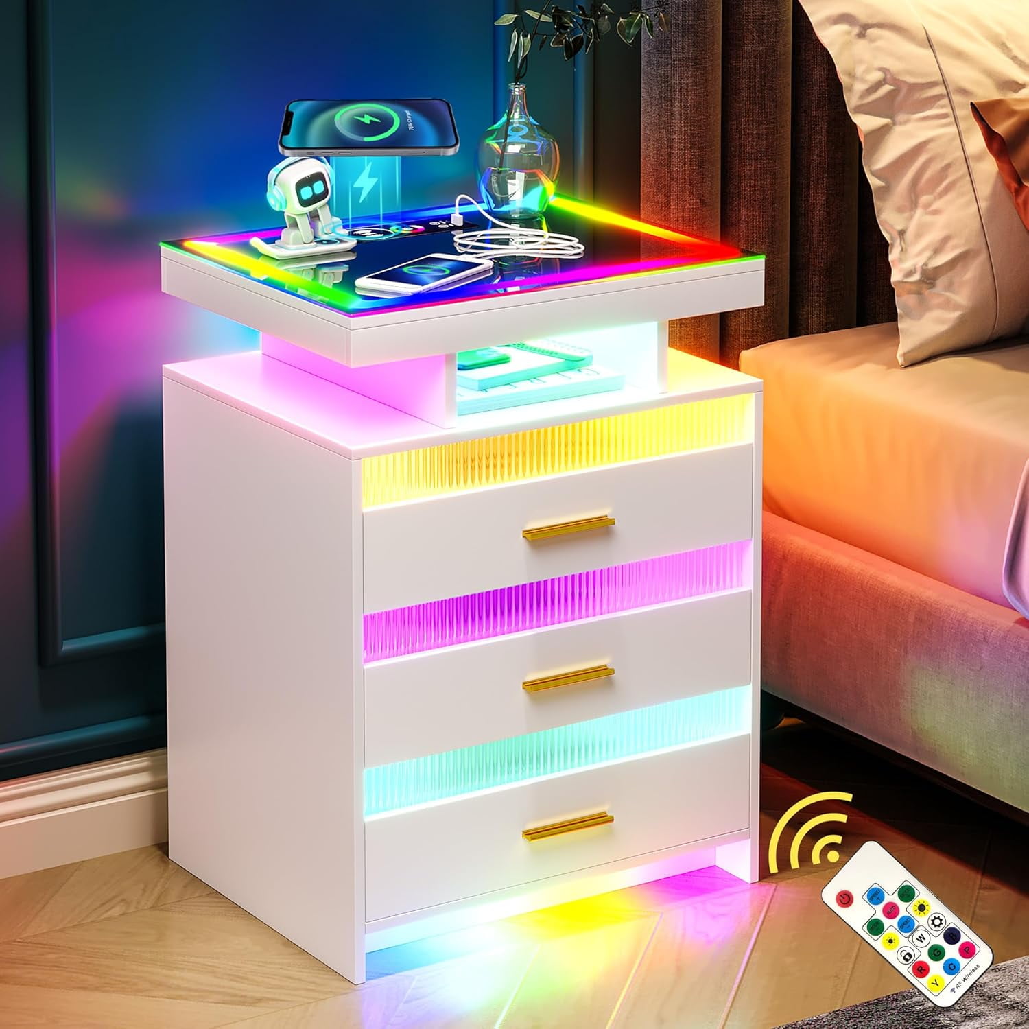 WXSDC LED Nightstand with USB/Type-C/Wireless Charging Station Smart ...