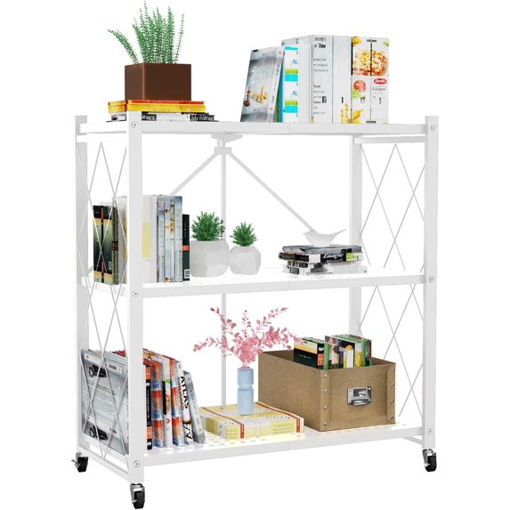 WYDK 3-Tier Foldable Storage Shelf with Wheels - Metal Rack Collapsible ...