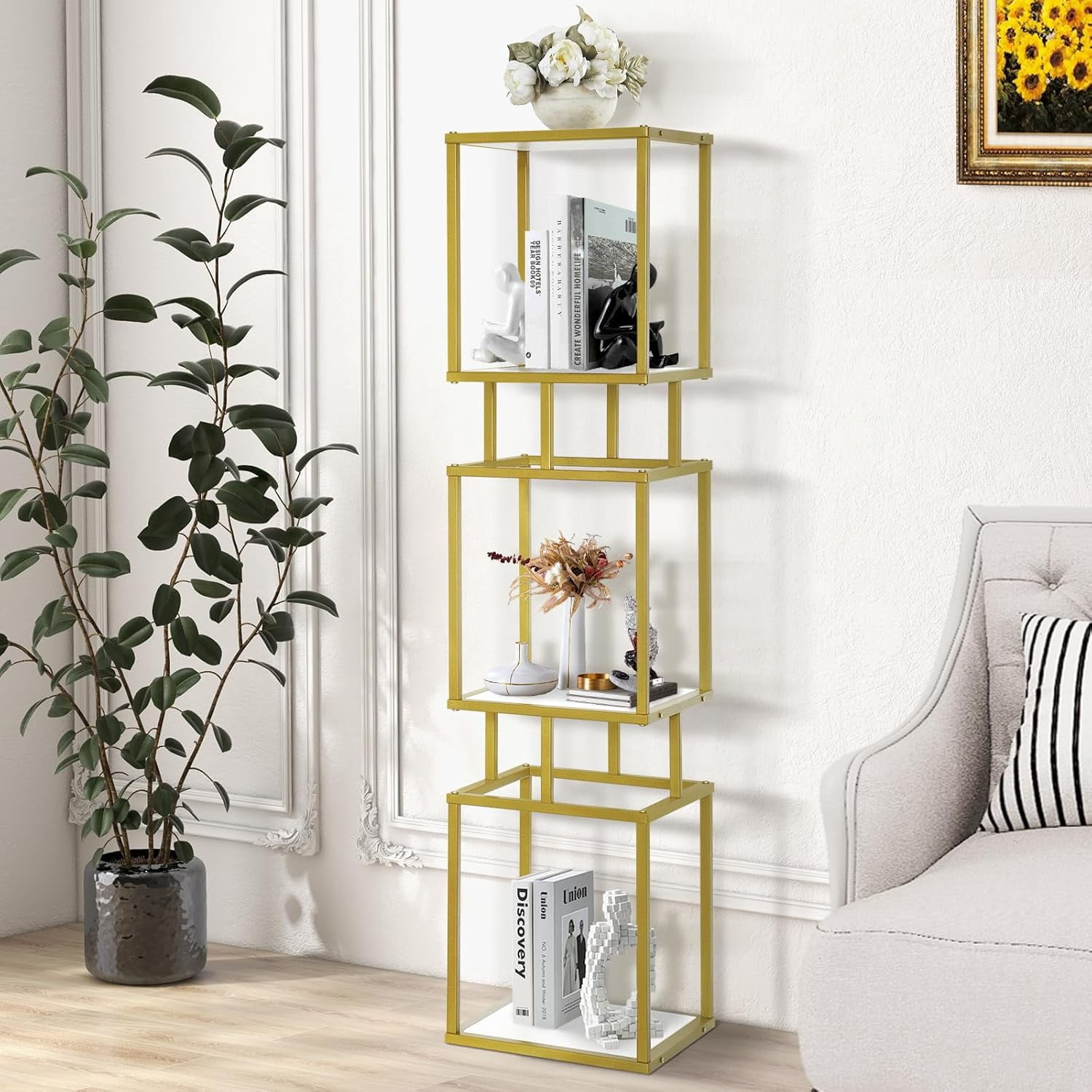 WYH 4-Tier Gold Bookcase, Cube Shelving Unit, 12" x 12" x 50", Modern ...