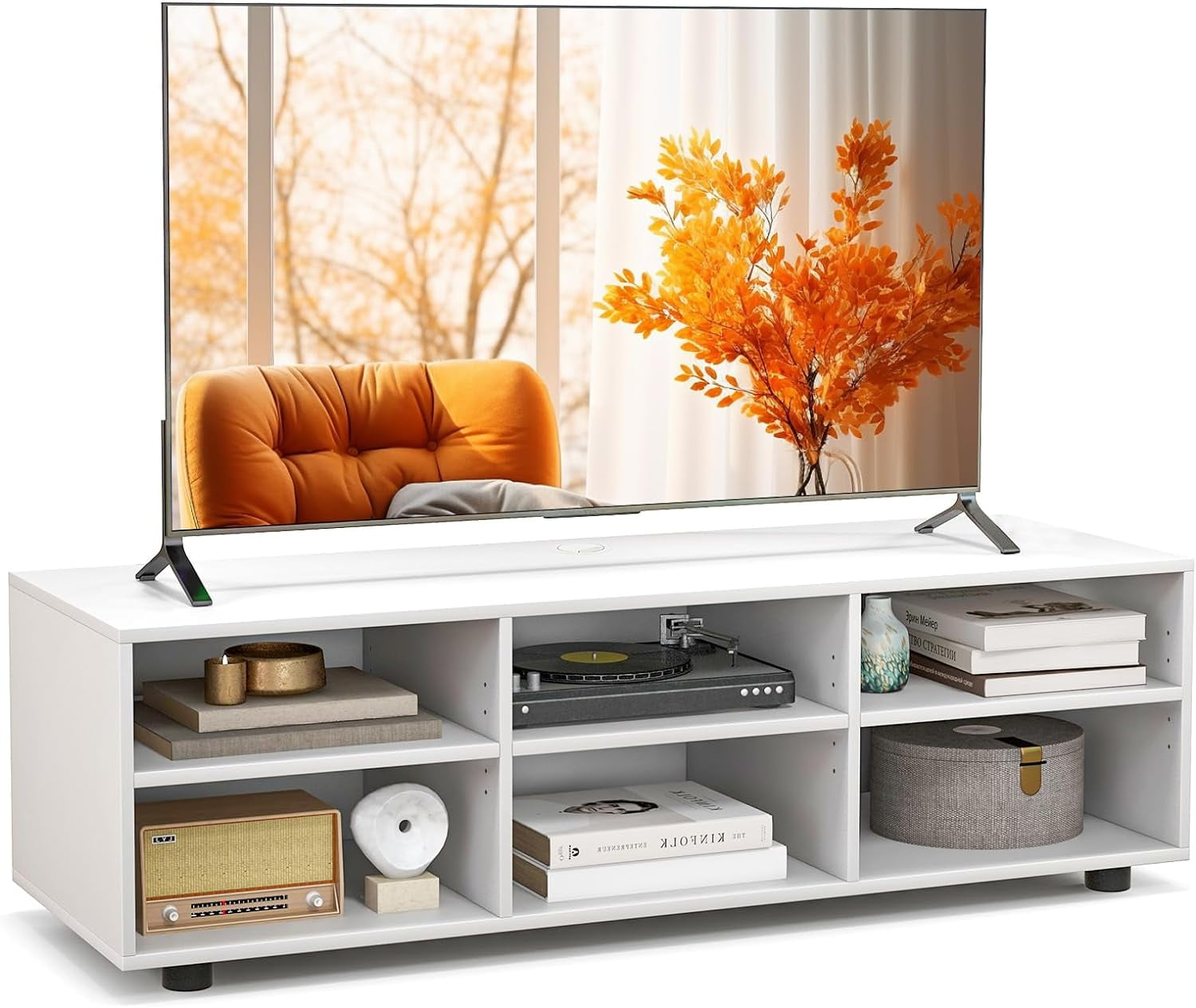 WYH 6-Cubby TV Stand for TVs up to 50 Inches, White TV Console Table ...