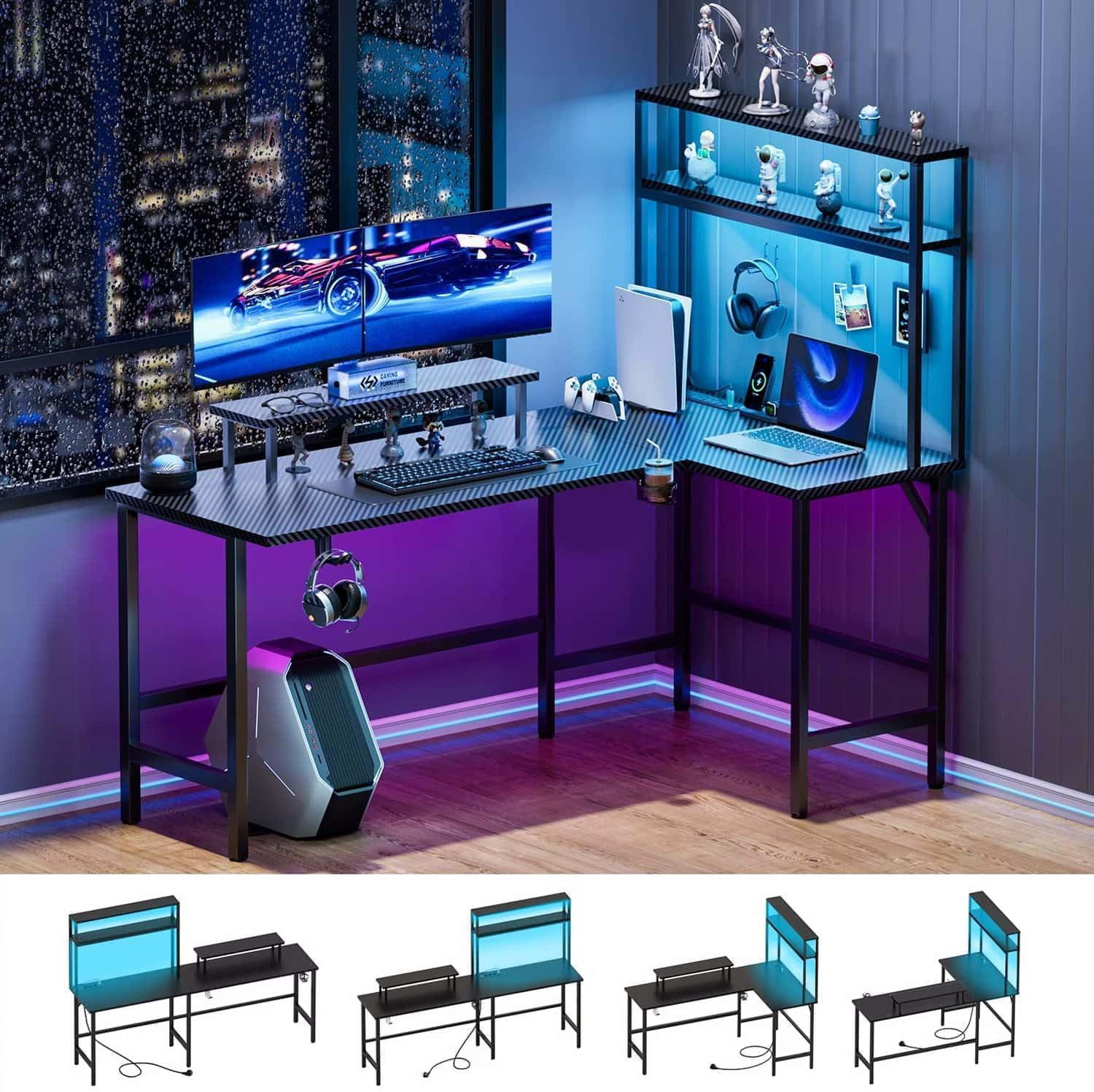 WYH 67 Inch L-Shaped Gaming Desk with LED Lights, Power Outlets ...