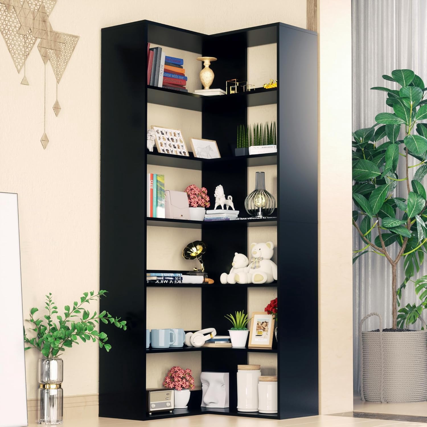WYH 71" Tall Black Corner Bookshelf, 6 Tier L-Shape Corner Shelf Stand ...