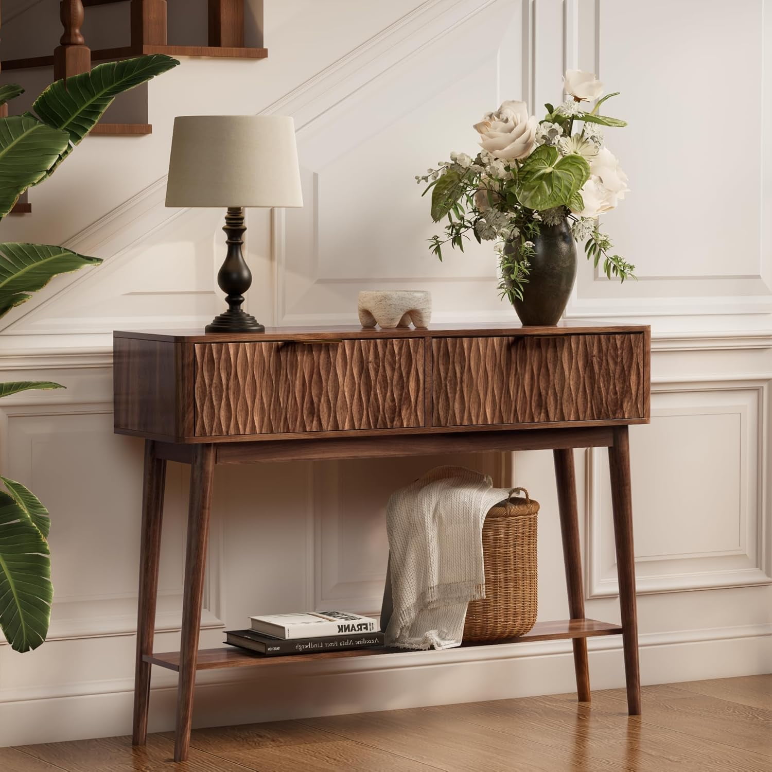 WYH Console Table with Solid Wood Leg,Fluted Entryway Table with ...