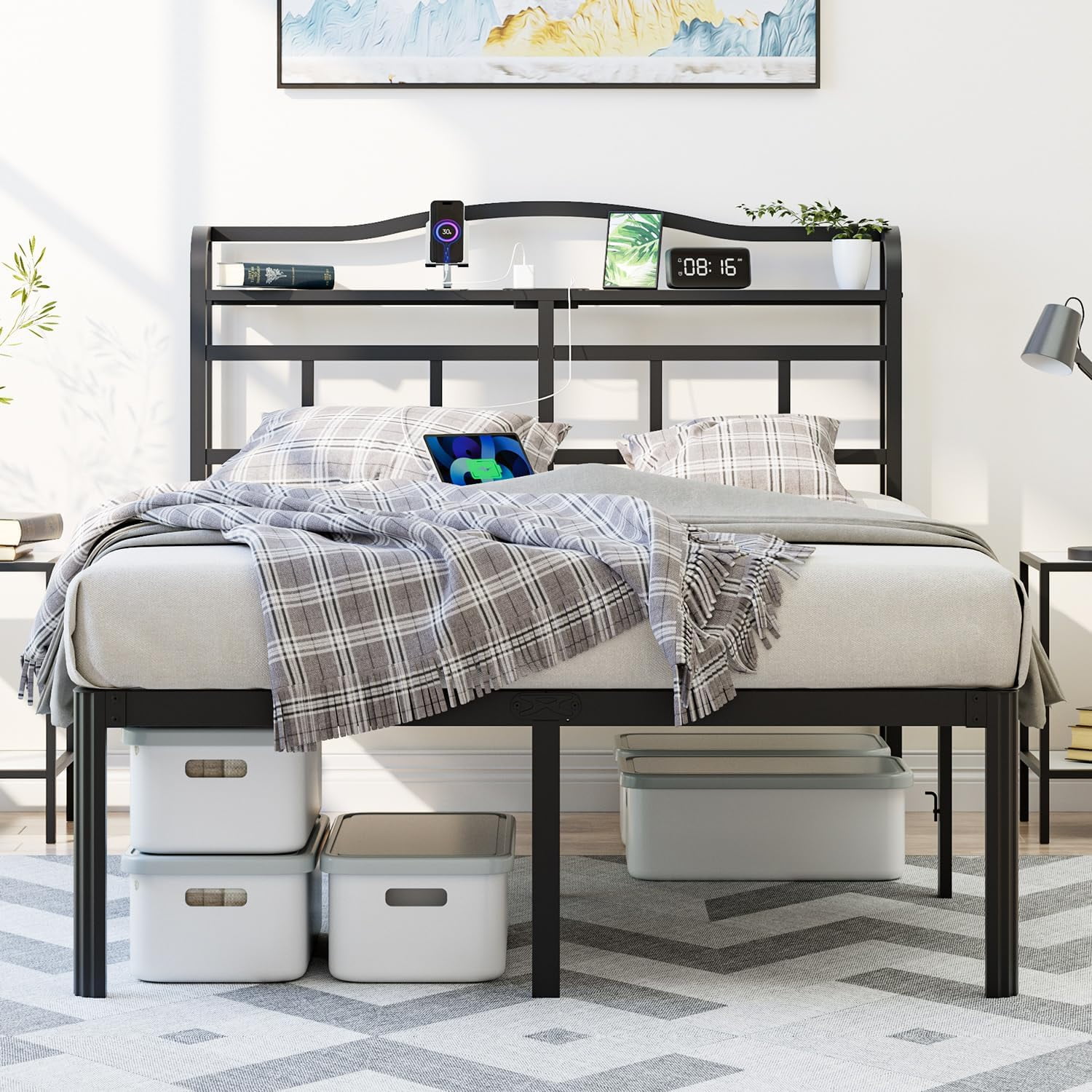 WYH Full Bed Frame - Storage Headboard with Charging Station, Easy ...