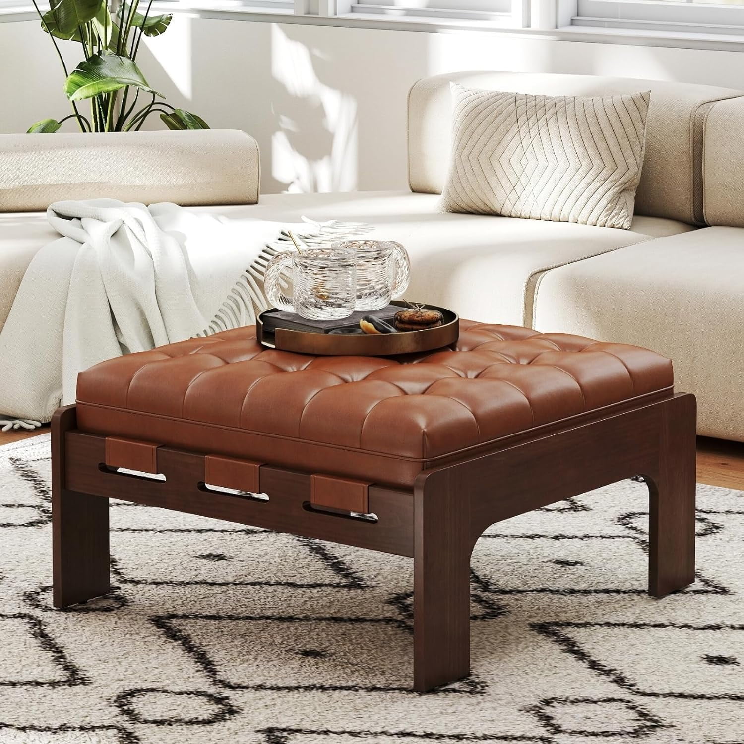 WYH Modern 30" Square Faux Leather Ottoman Coffee Table, Large Tufted ...