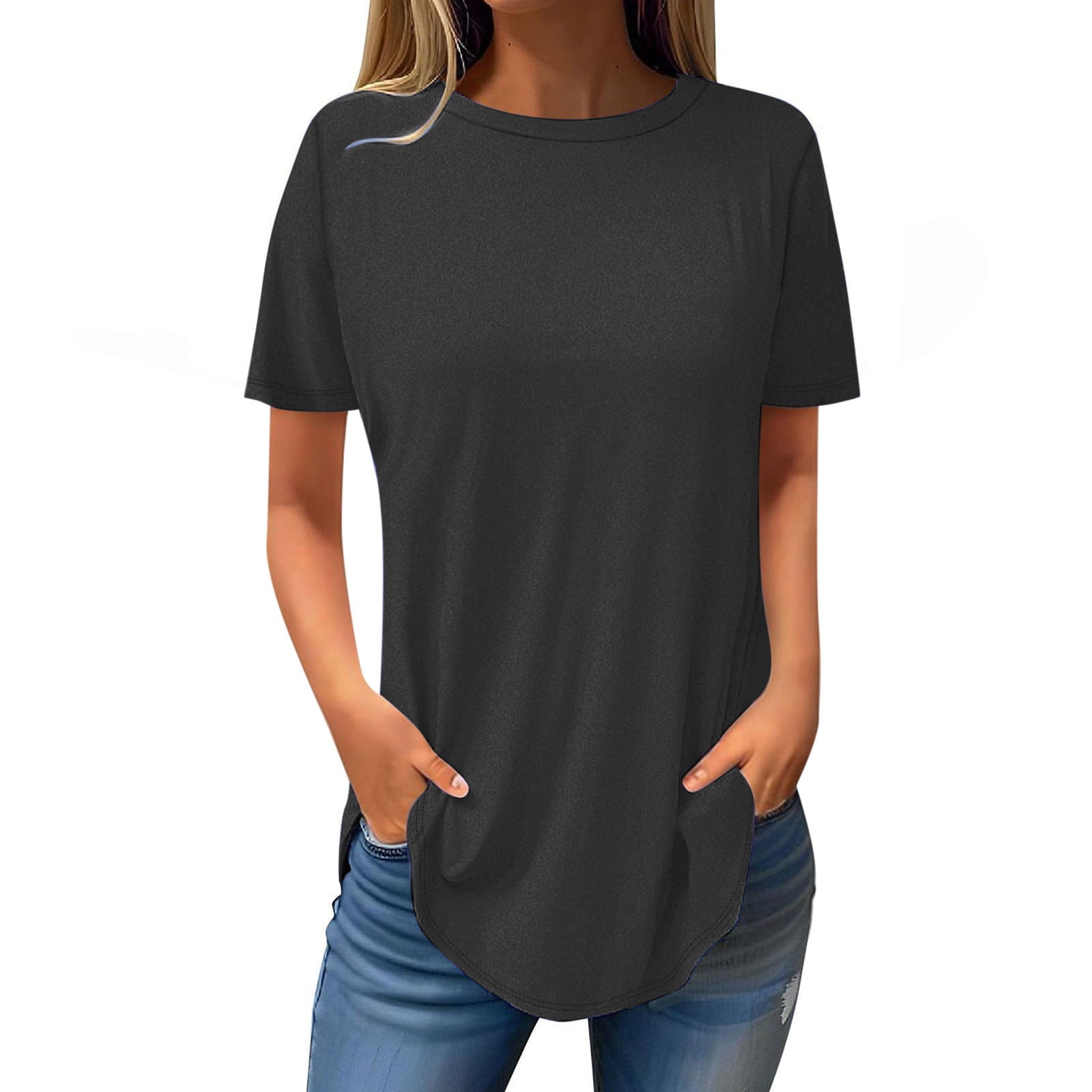 WYMPDSVI Womens Solid Color Tops Round Neck Summer Casual Loose Fit T ...