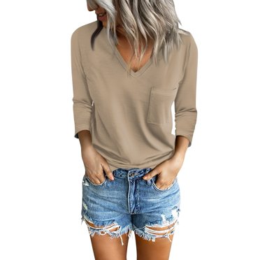 TEMOFON Women's Top Long Sleeve V-Neck Shirts Loose Tops for Women ...