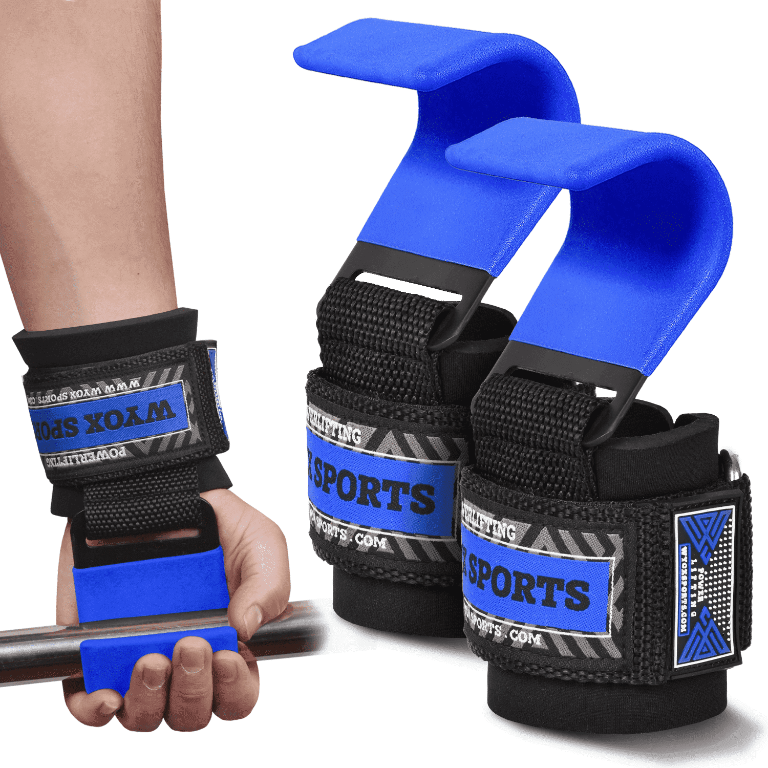 WYOX Weight Lifting Hooks Blue (Pair) – Exercises, 7mm Padded Wrist ...