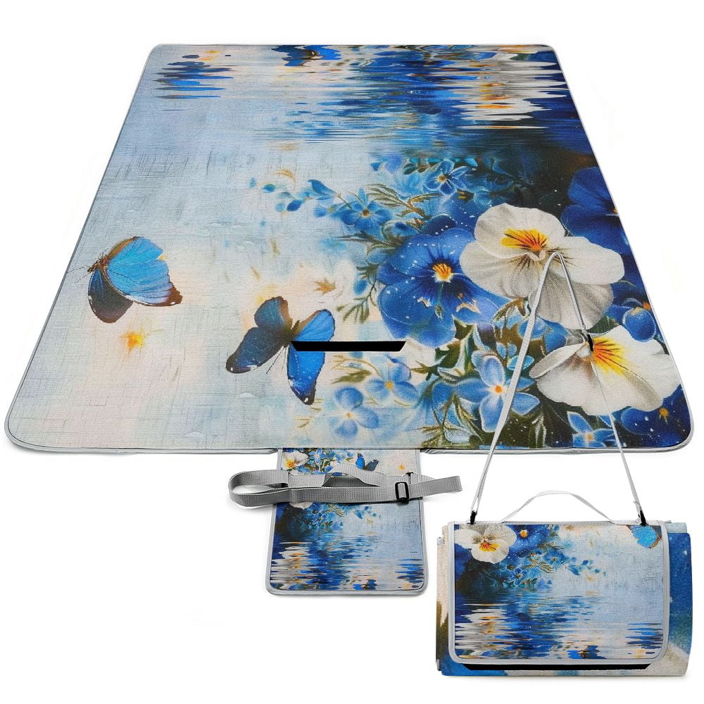 WYYP Blue Flowers Butterflies Water Reflection Square Picnic Mat ...