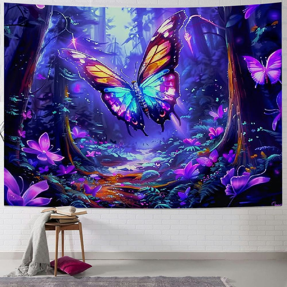 WYYP Butterfly Tapestry Trippy Fairy Forest Tapestry UV Reactive Jungle ...