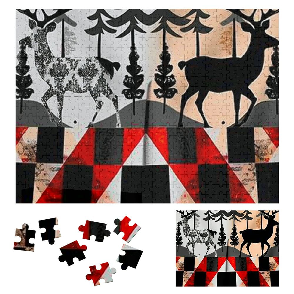 WYYP Deer Trees Checkered Background Wooden Jigsaw Puzzle Challenging ...