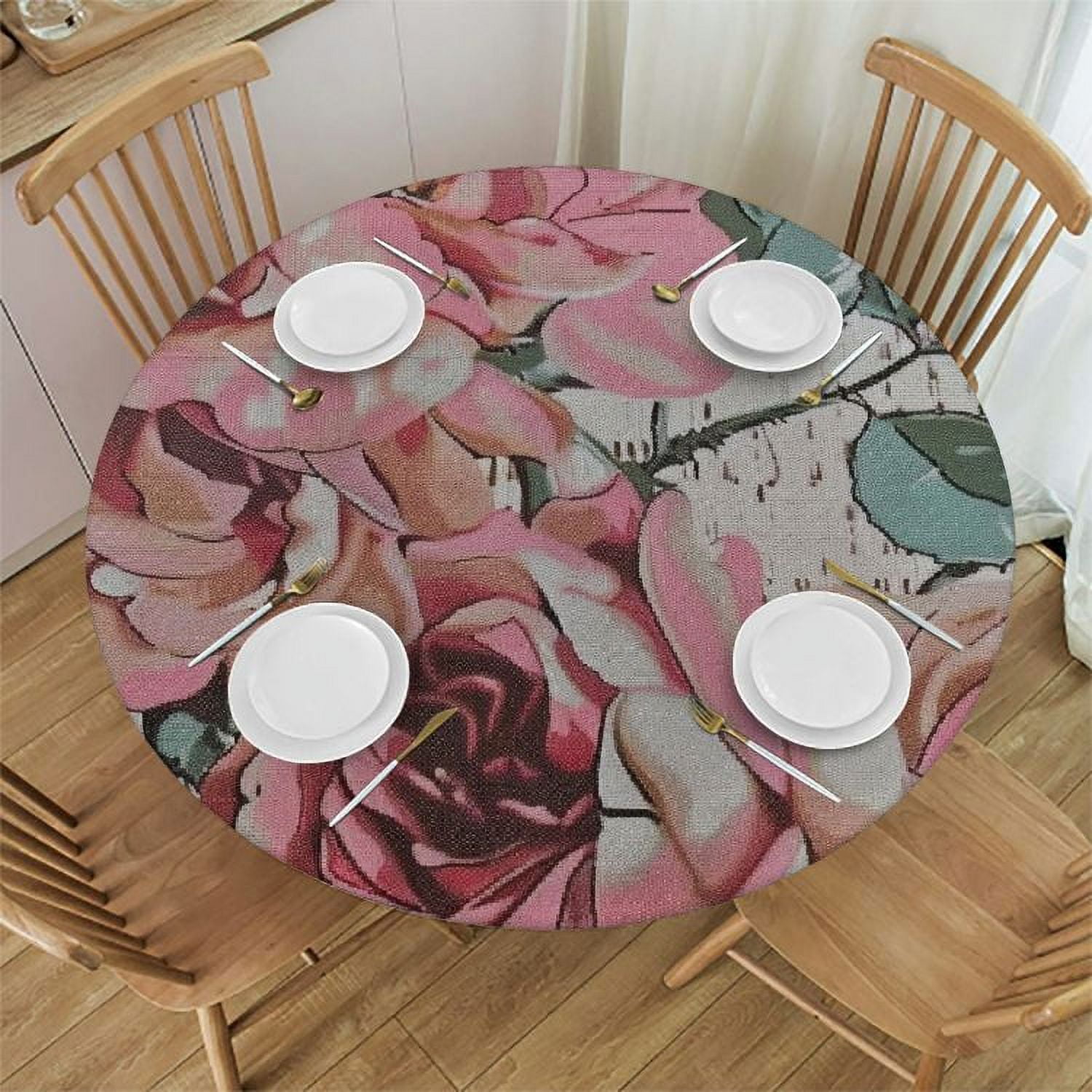 WYYP Elastic Edge Round Tablecloth Pink Flowers Watercolor Leaves ...