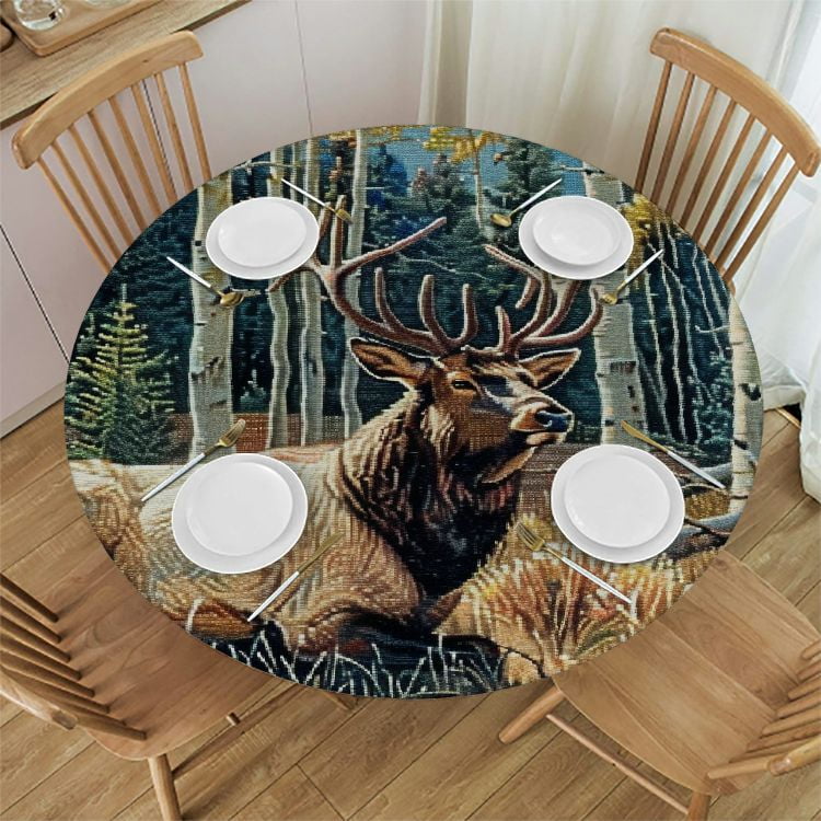 WYYP Elk Forest Trees Round Table Cloth 100% Polyester Fiber for Picnic ...