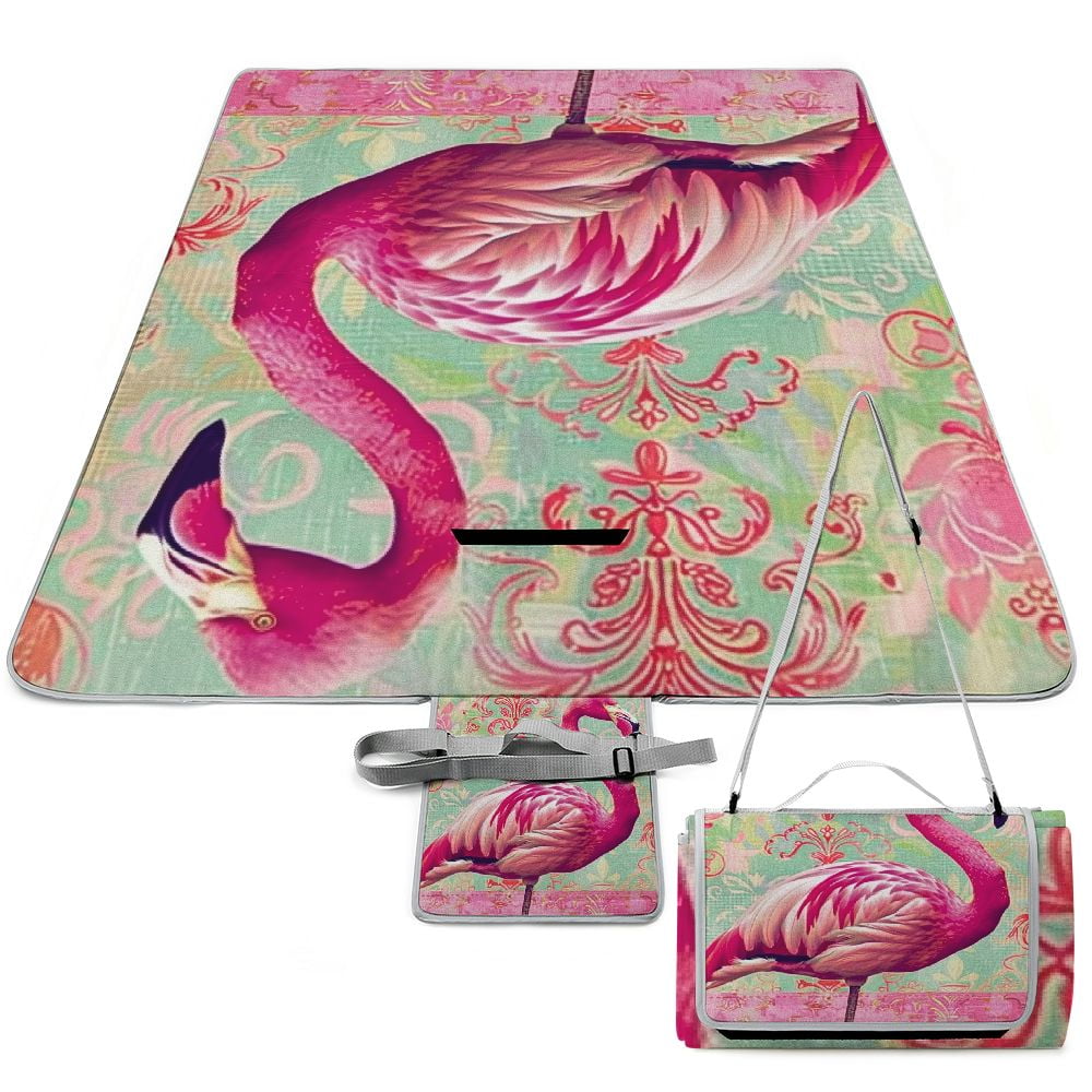 WYYP Flamingo Damask Pattern Square Outdoor Picnic Blanket Waterproof ...