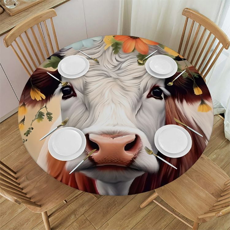WYYP Flower Cow Round Table Cover 100% Polyester Fiber Tablecloth White ...