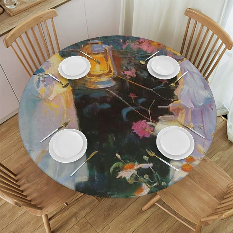 WYYP Flowers Lantern Impressionist Painting Round Tablecloth with ...