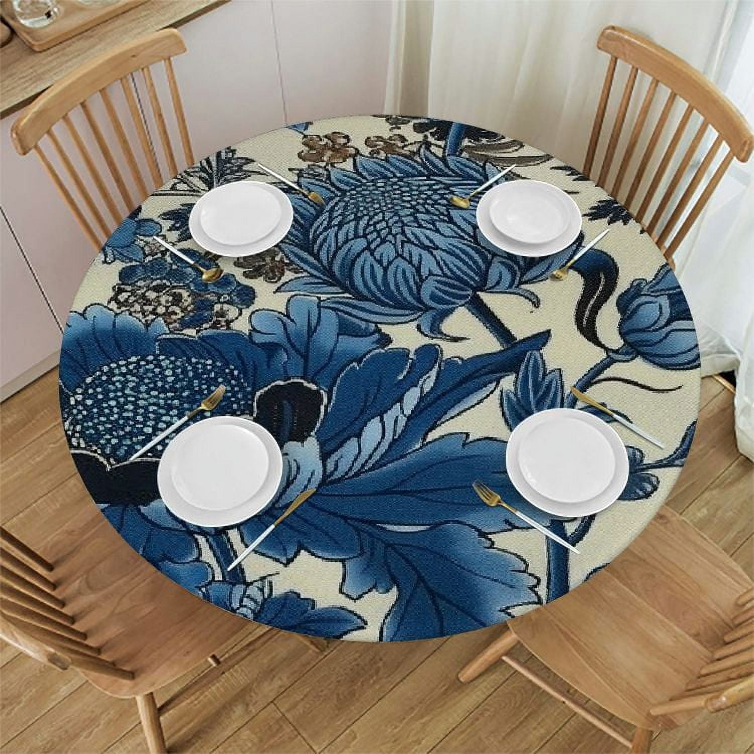 WYYP Flowers Leaves Blue Flower Round Table Cover 100% Polyester Fiber ...