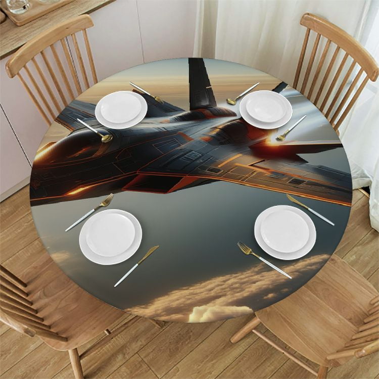 WYYP Futuristic Fighter Jet Round Table Cloth 100% Polyester Fiber for ...