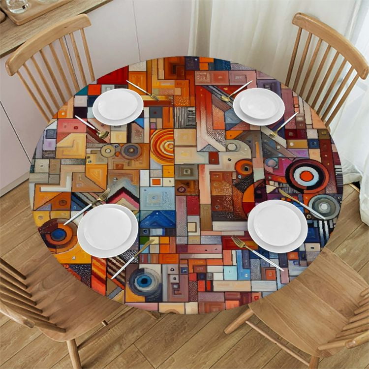WYYP Geometric Shapes Warm and Cool Colors Stripes Round Table Cloth ...