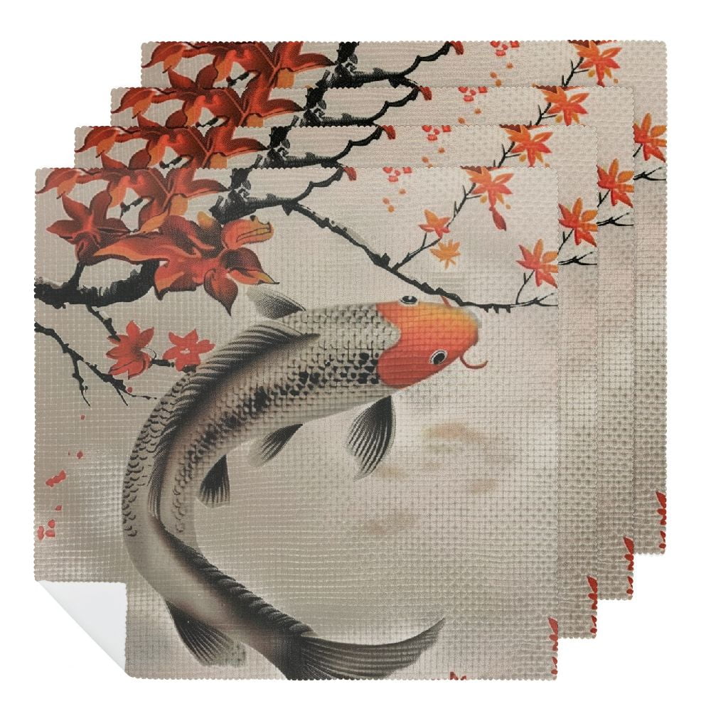 WYYP Koi Fish, Tree, Red Leaves Polyester Cloth Napkins for Farmhouse ...