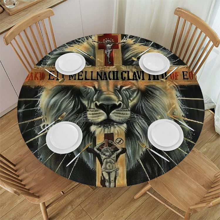 WYYP Lion Jesus Cross Round Tablecloth 100% Polyester Fiber Outdoor ...
