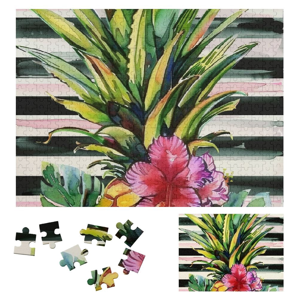 WYYP Pineapple Flowers Striped Background Wooden Jigsaw Puzzle for ...