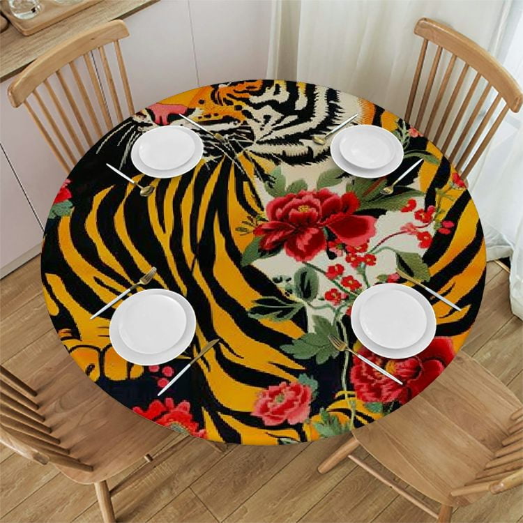 WYYP Tiger, Flowers Round Tablecloth for Picnic Dining Kitchen ...