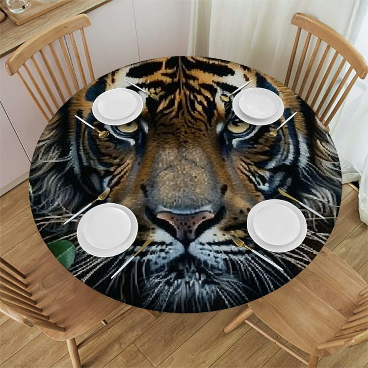 WYYP Tiger Jungle Leaves Round Tablecloth Waterproof Resistant Fabric ...