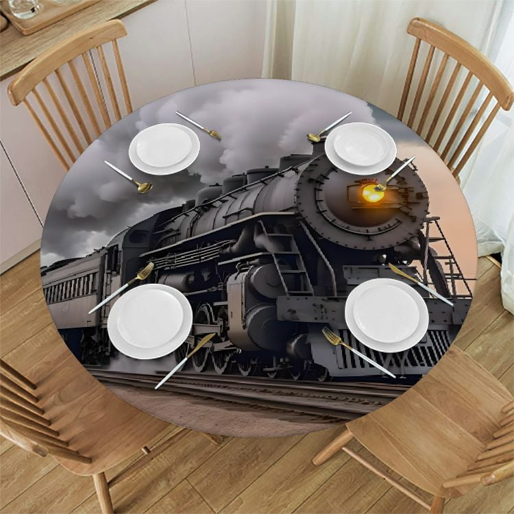 WYYP Train Tracks Round Tablecloth 100% Polyester Fiber Outdoor Fitted ...
