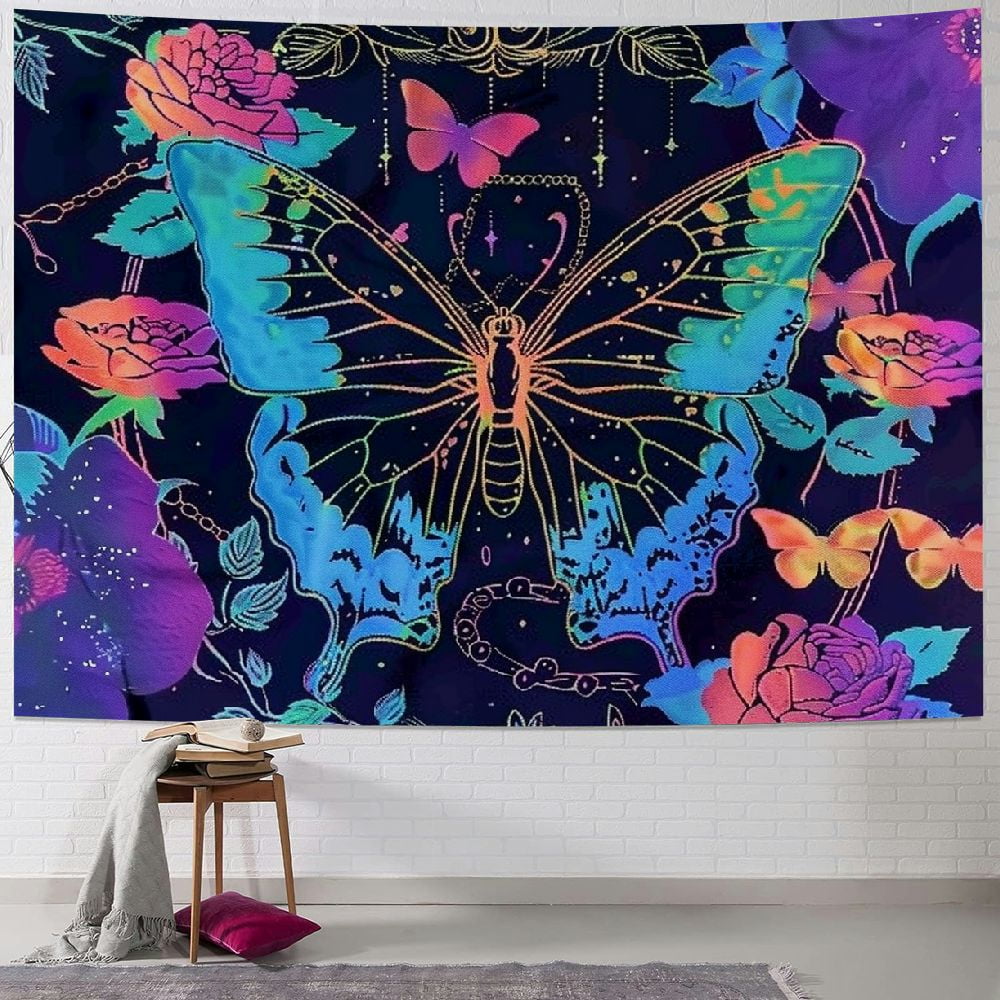 WYYP Trippy Butterfly Tapestry, UV Reactive Moon Flower Tapestry Wall ...