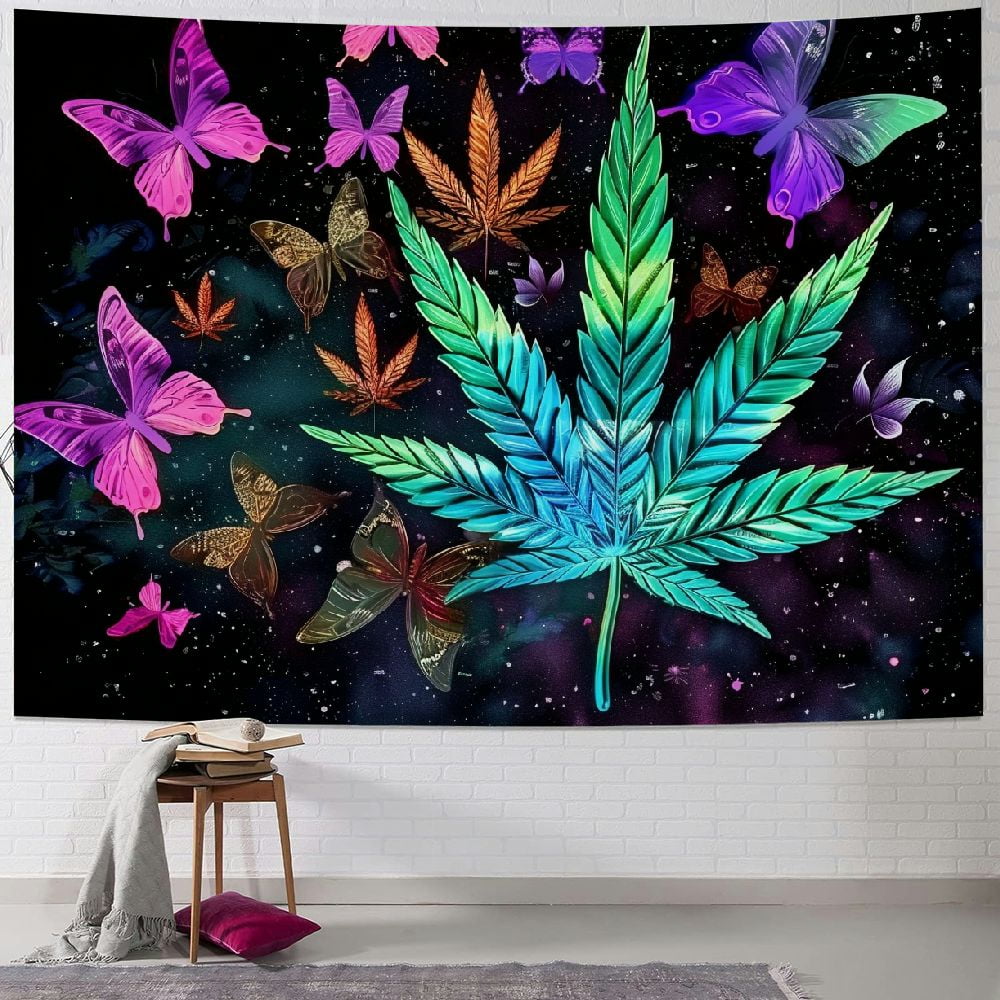 WYYP Trippy Weed Tapestry Marijuana Cannabis Leaf Tapestry Wall Hanging Psychedelic Purple Blue ...
