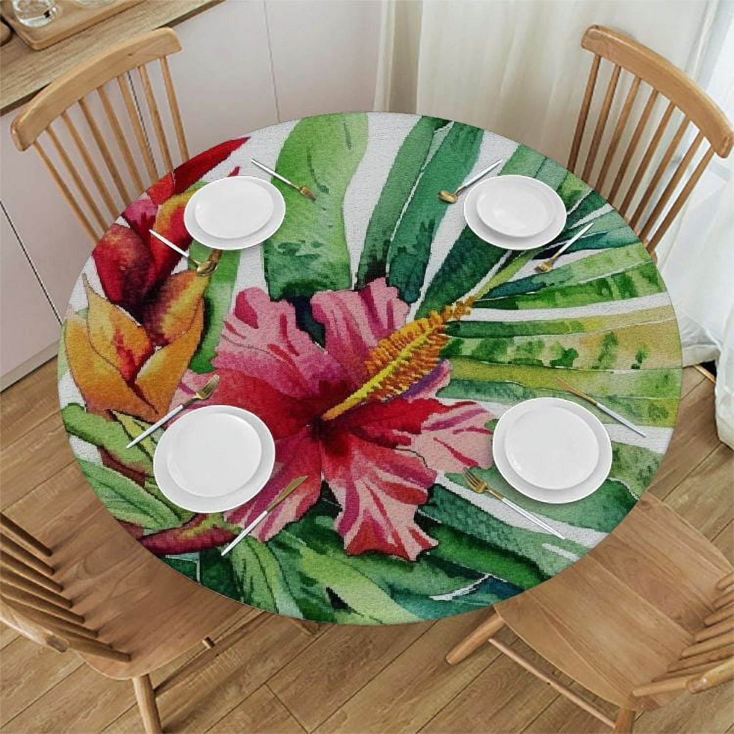 WYYP Tropical Plant Red Flowers Green Leaves Round Tablecloth 100% ...