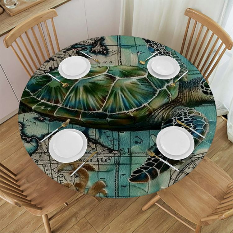 WYYP Turtle Sea Creatures Map Round Tablecloth with Elastic Edge 100% ...