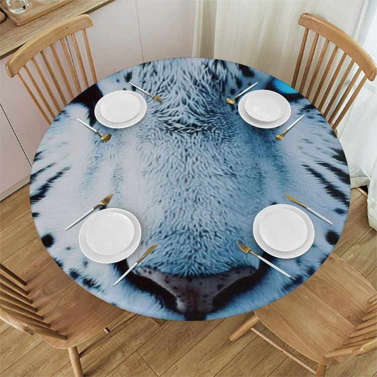 WYYP White Tiger Round Tablecloth with Elastic Edge 100% Polyester ...