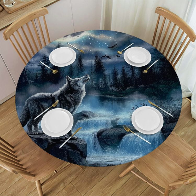 WYYP Wolf, Full Moon, Forest Round Tablecloth 100% Polyester Fiber for ...