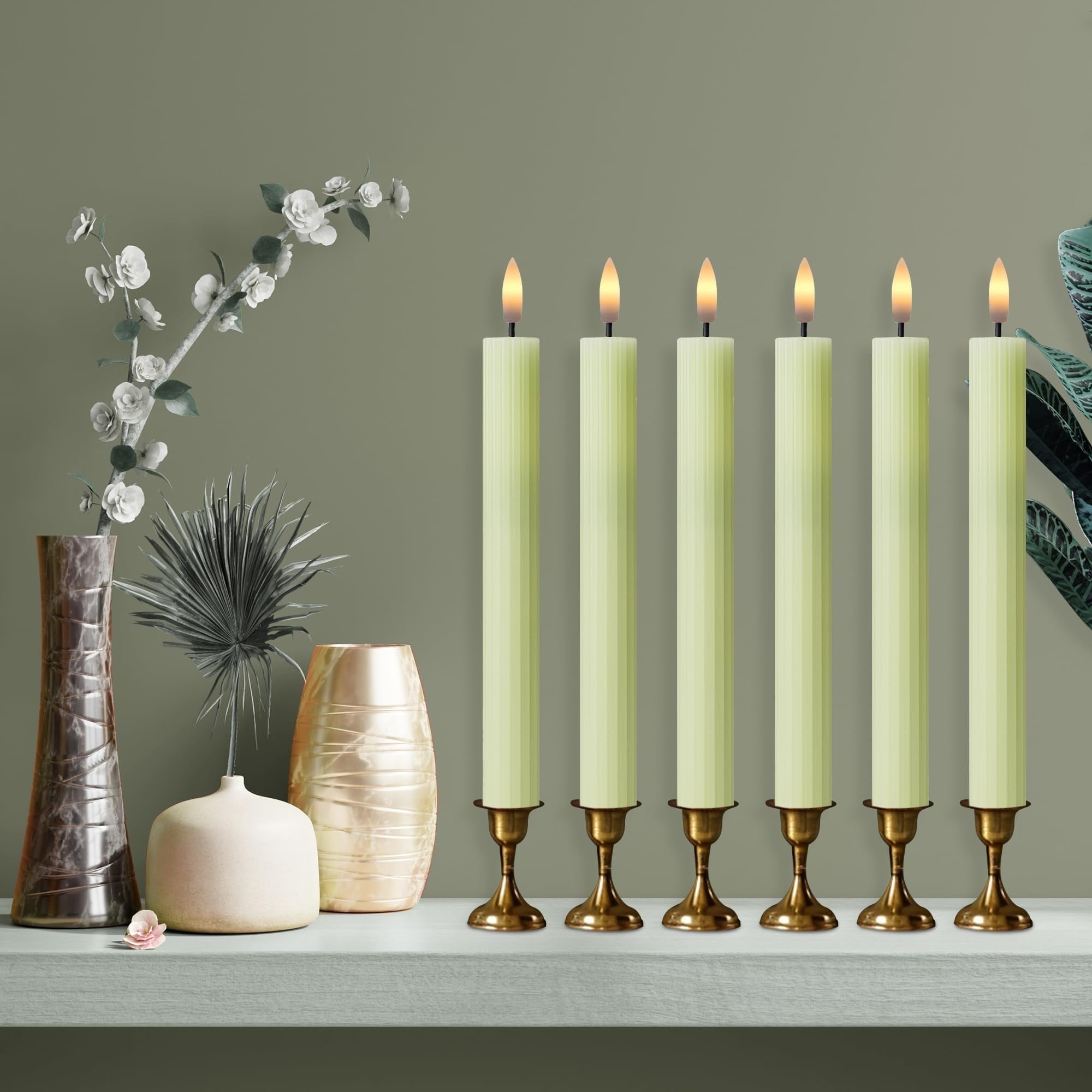 WYZworks 10" Fluted Ribbed LED Light Sage Green Grooved Pillar Candles ...