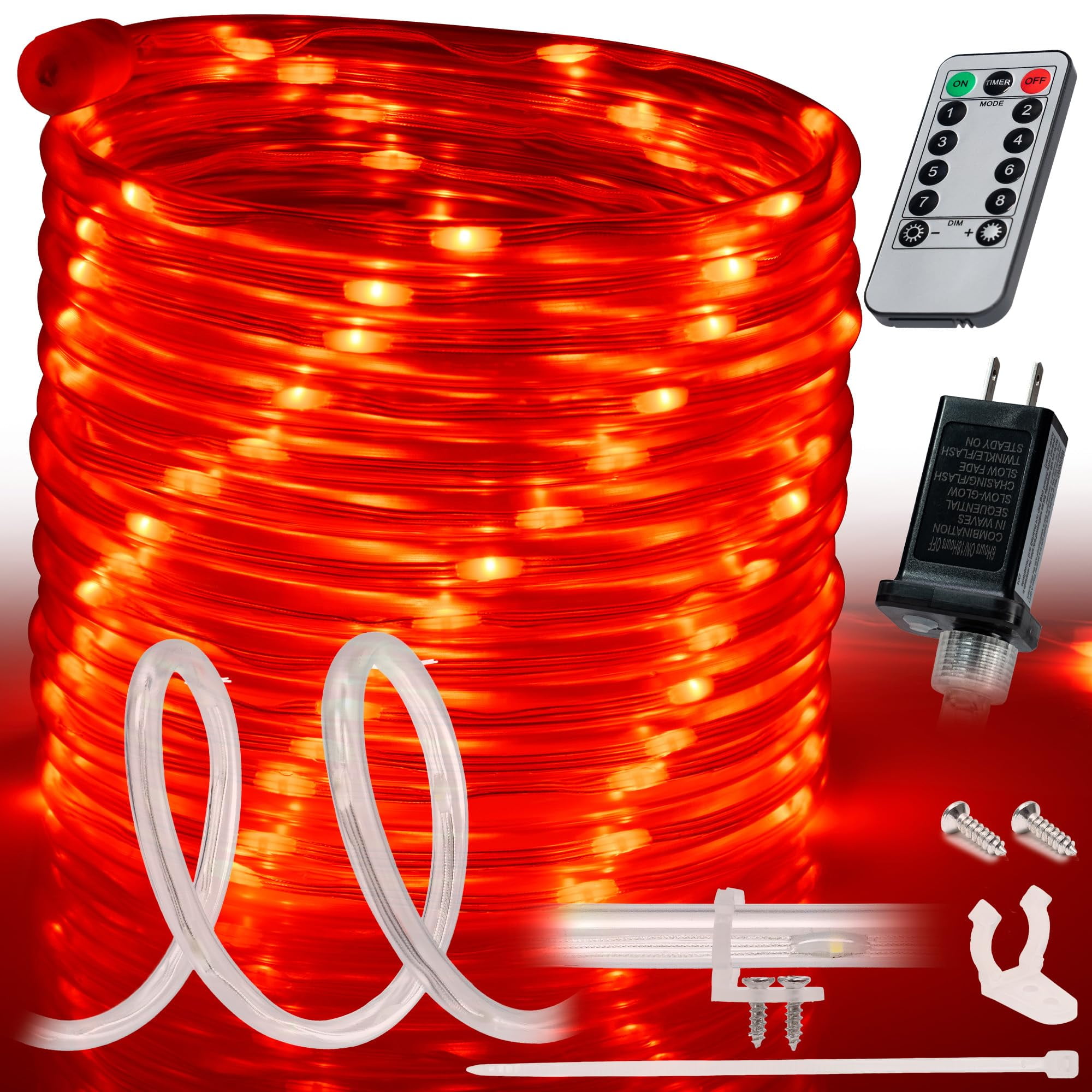WYZworks 150ft Red LED Outside Rope Light - 8 Modes, Waterproof ...